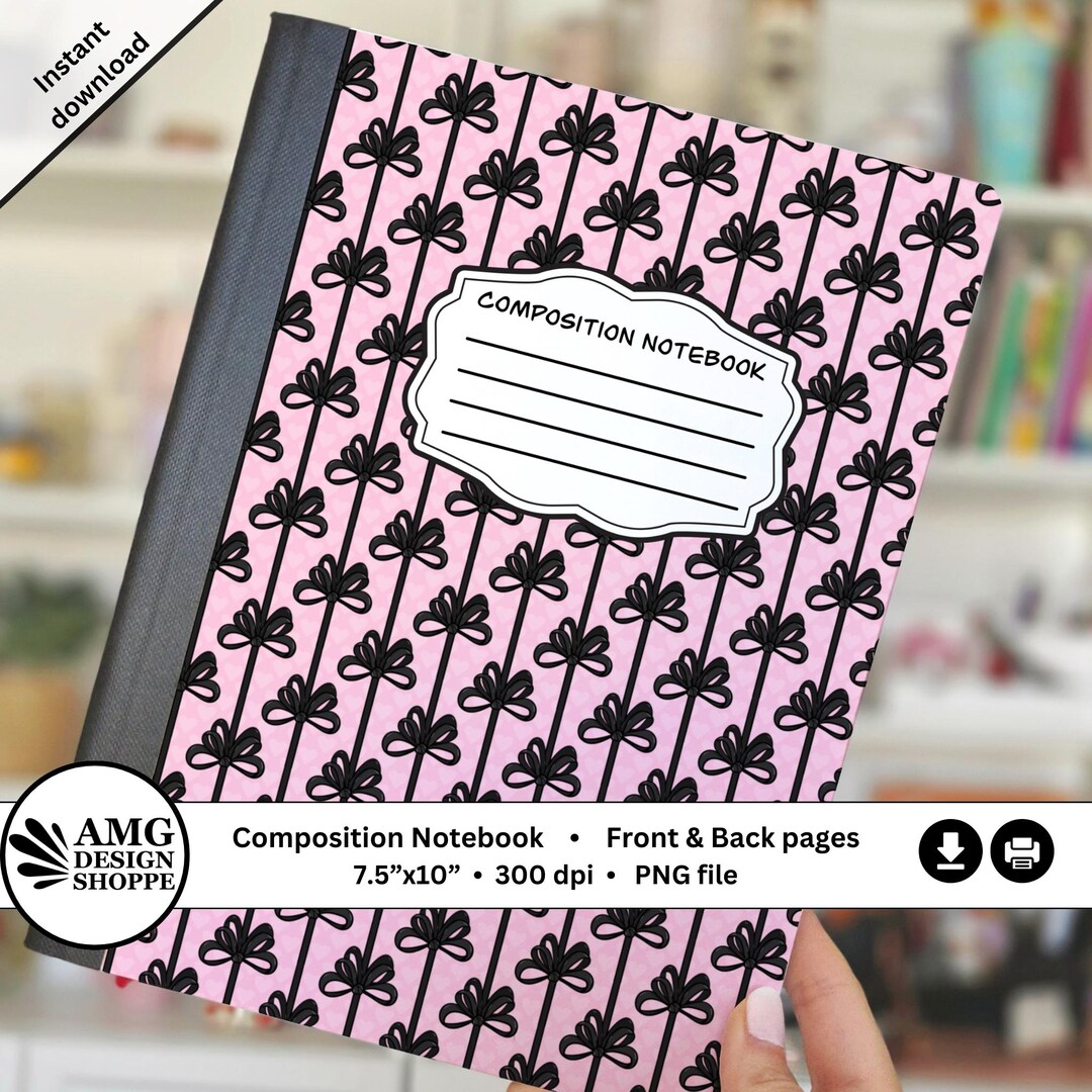Black Coquette Bow Pink Background Composition Notebook Cover Printable ...