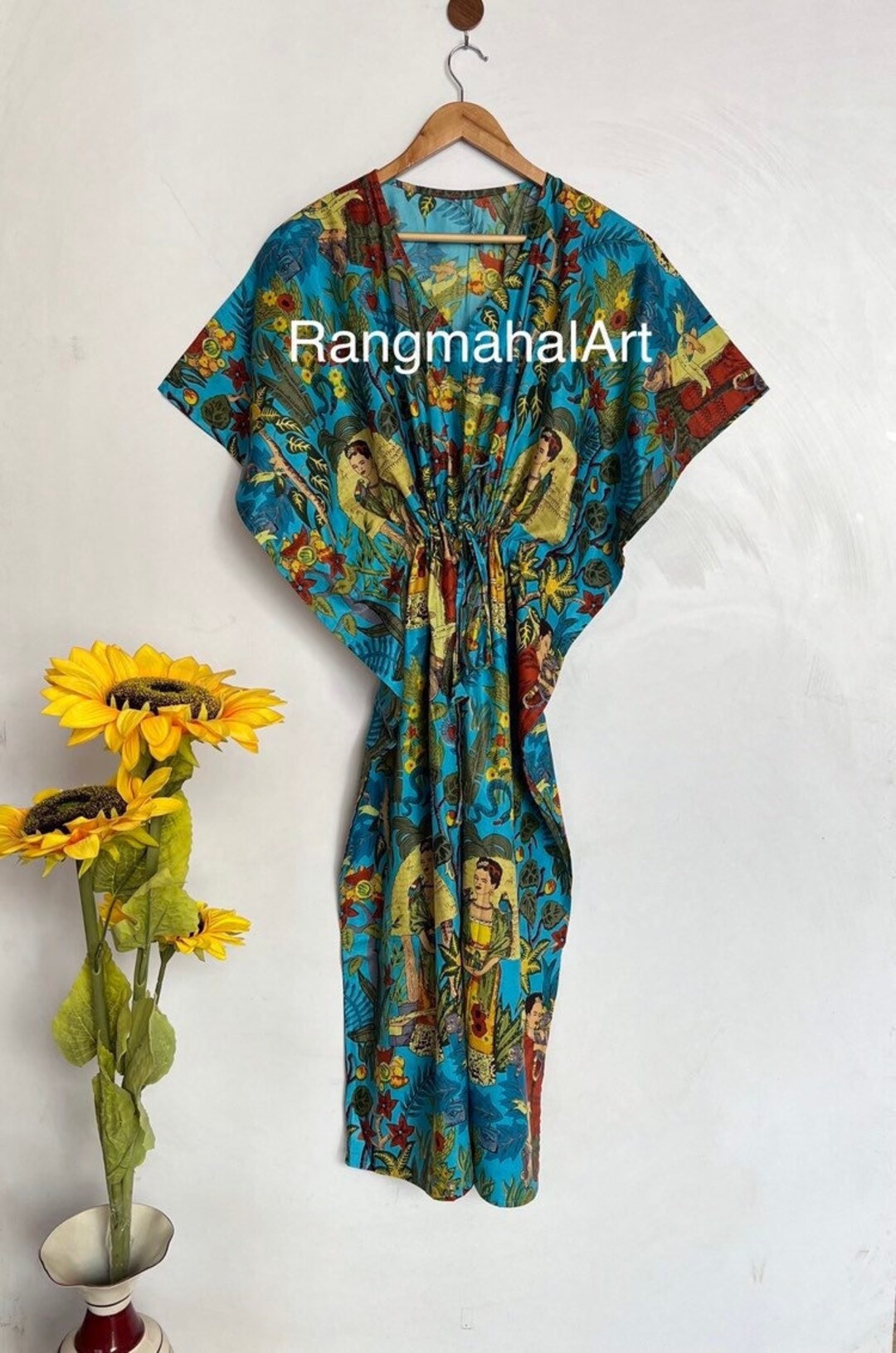 Blue Summer Frida Kahlo Kaftan, Long Kaftan, Indian Handmade Vintage Cover Up, Bath Robes Kaftan ...