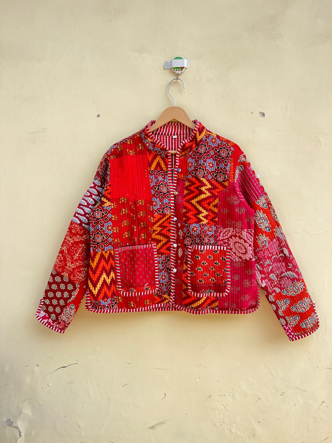 Red Colour Patchwork Jacket for Women, Quilted Jacket, Reversible ...