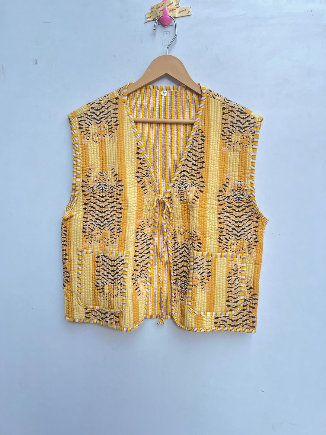 Yellow Tiger Printcotton Quilted Jacket Women Wear Front Stripe Piping ...