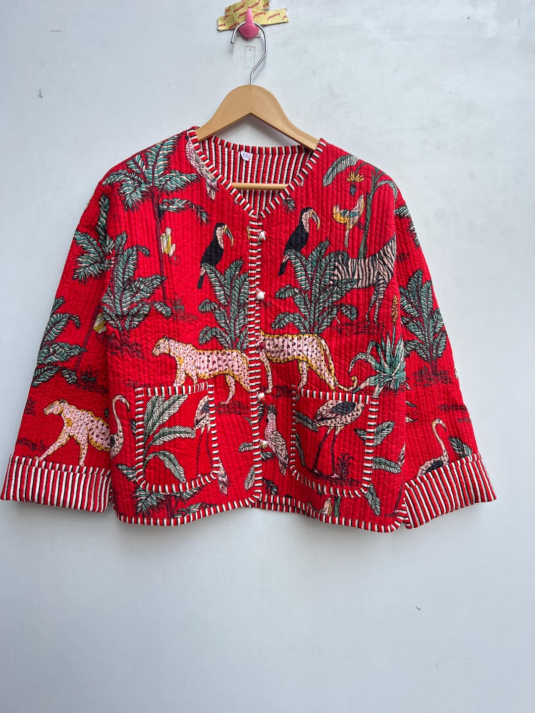 Jungle Print Cotton Quilted Jacket, Reversible Kantha Coat, Stripe ...