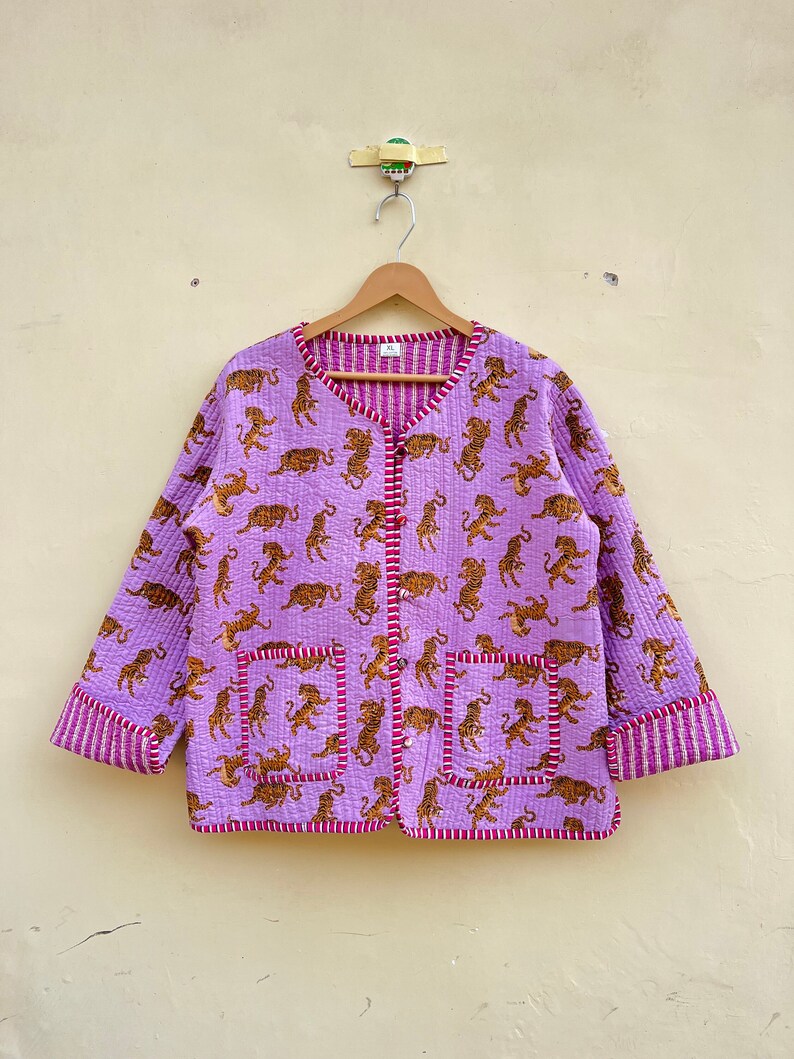 Handmade Indian Cotton Block Tiger Print Quilted Jacket , Boho Coat ...