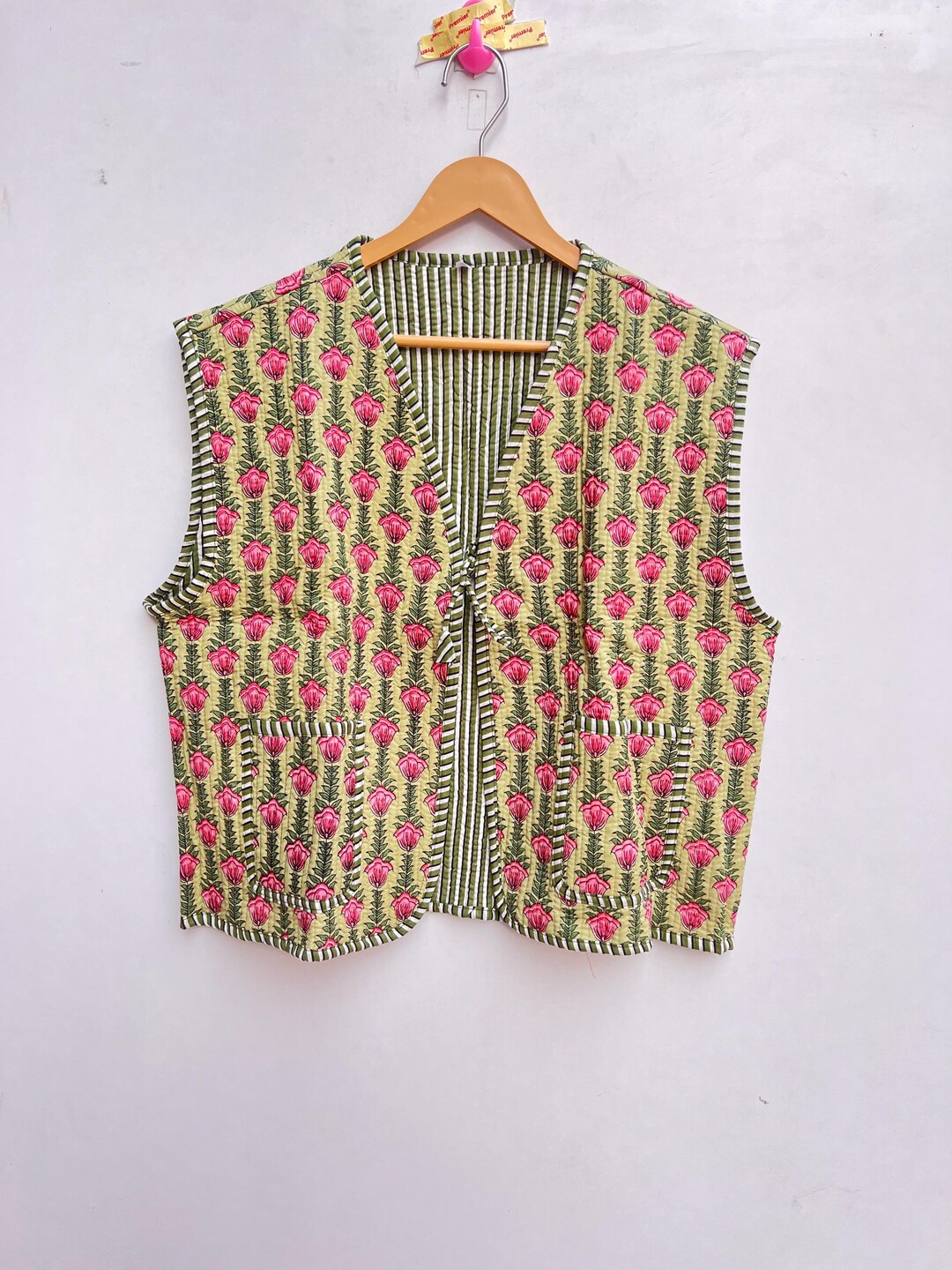 Green and Red Block Print Indian Handmade Cotton Sleeveless Jacket ...