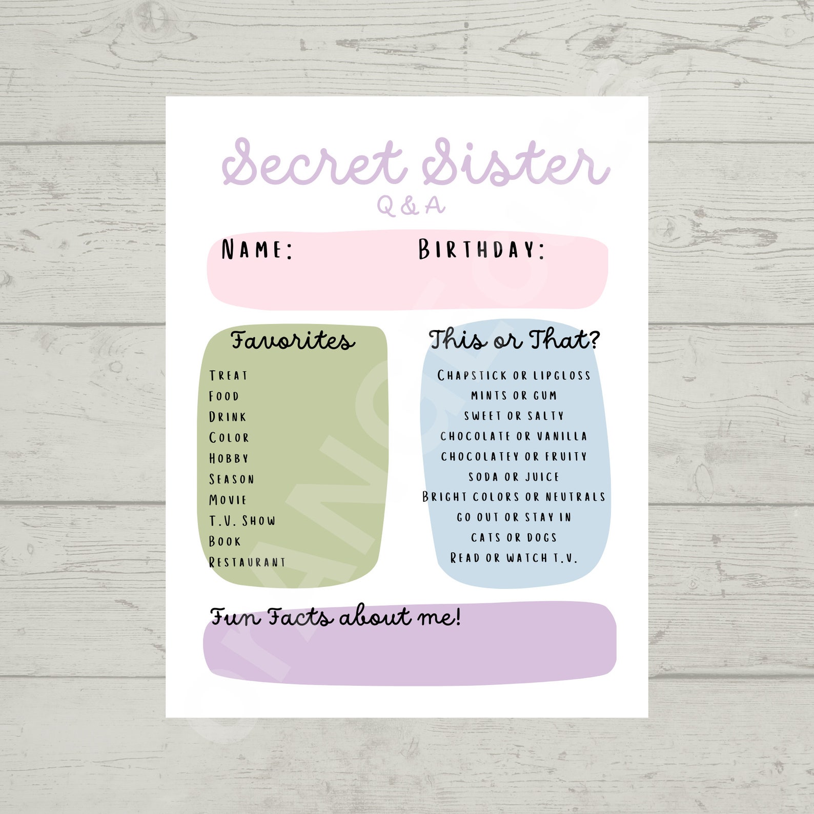 Secret Sister Printable, Secret Sister Questions, Girls Camp, Young ...
