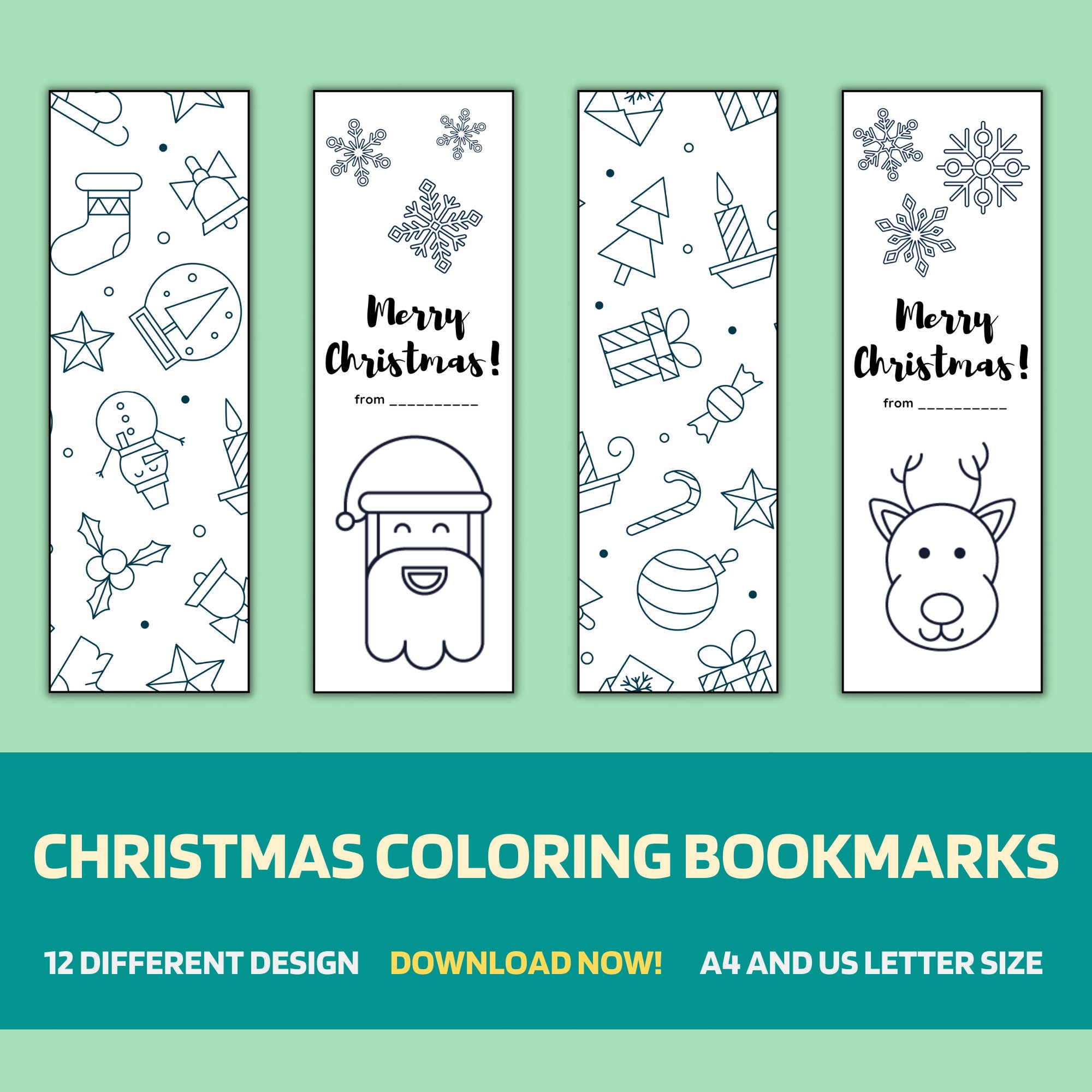 Christmas Coloring Bookmarks Printable Cute Digital Book Mark - Etsy