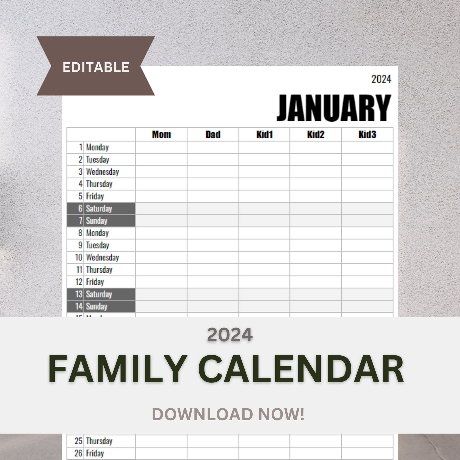 2024 Printable Family Calendar, Family Organizer 2024 Editable Planner ...