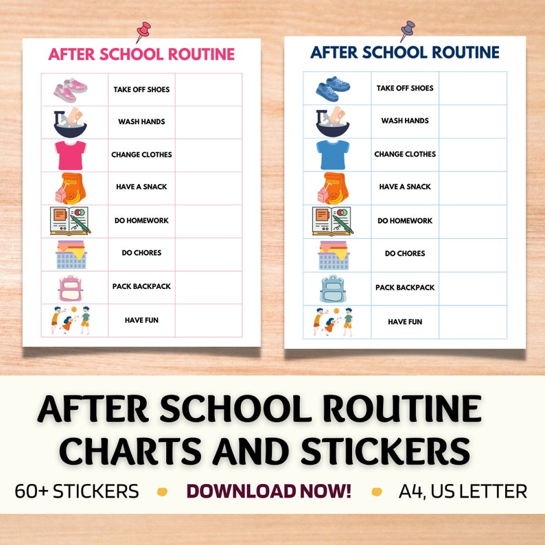 Kids After School Routine Charts With Stickers Cute Printable Checklist ...