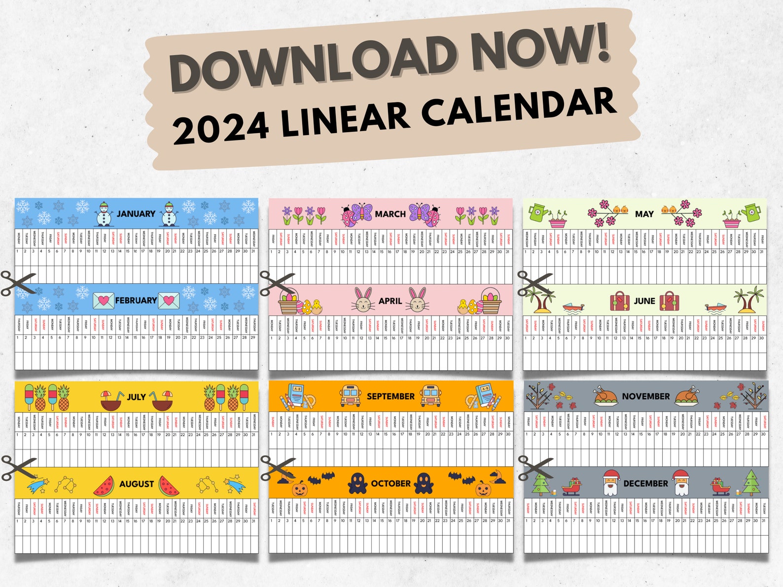 Linear Calendar 2024 Montessori Preschool Kids Calendar School ...