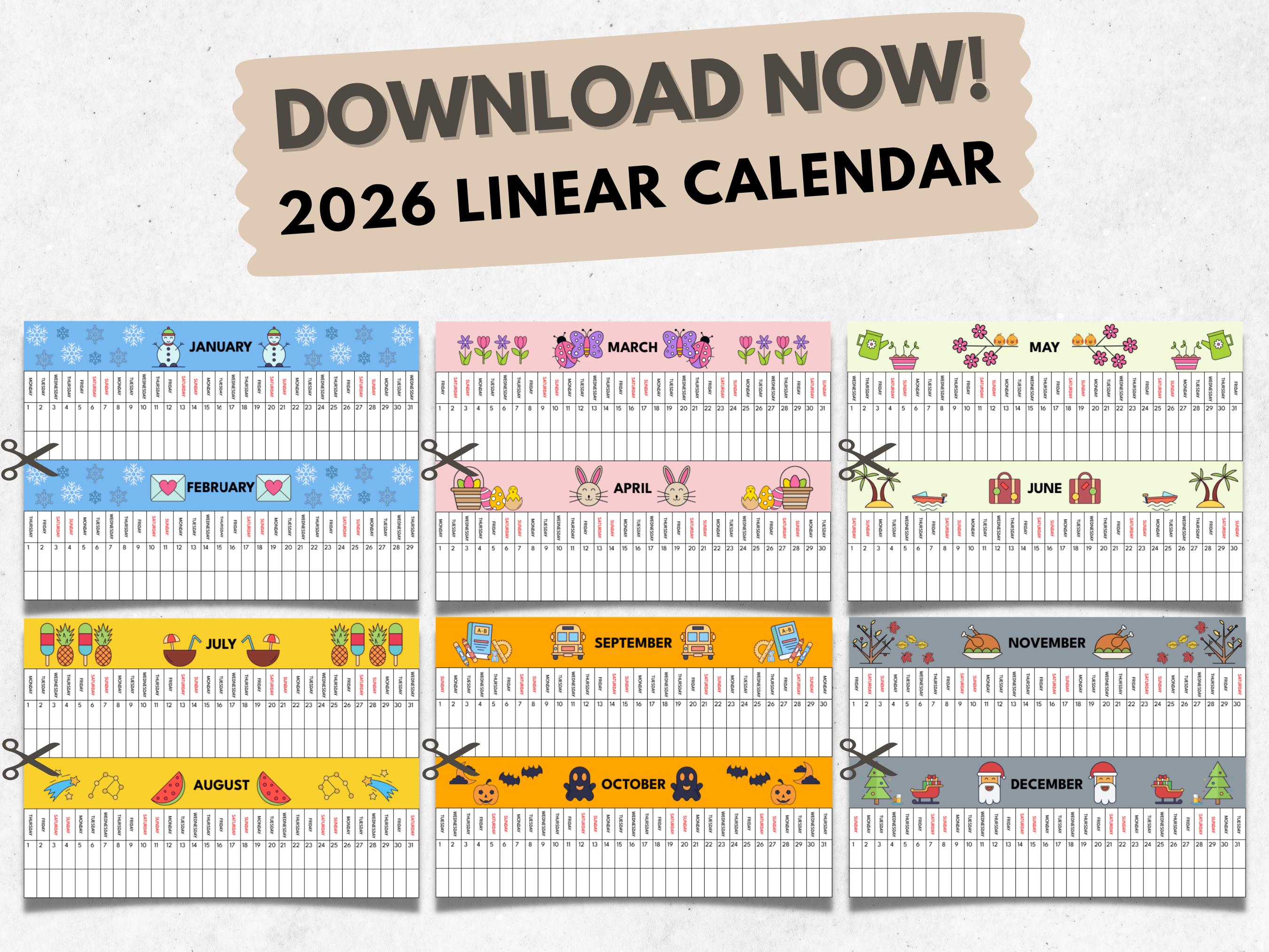 Linear Calendar 2026 Montessori Preschool Kids Calendar School ...