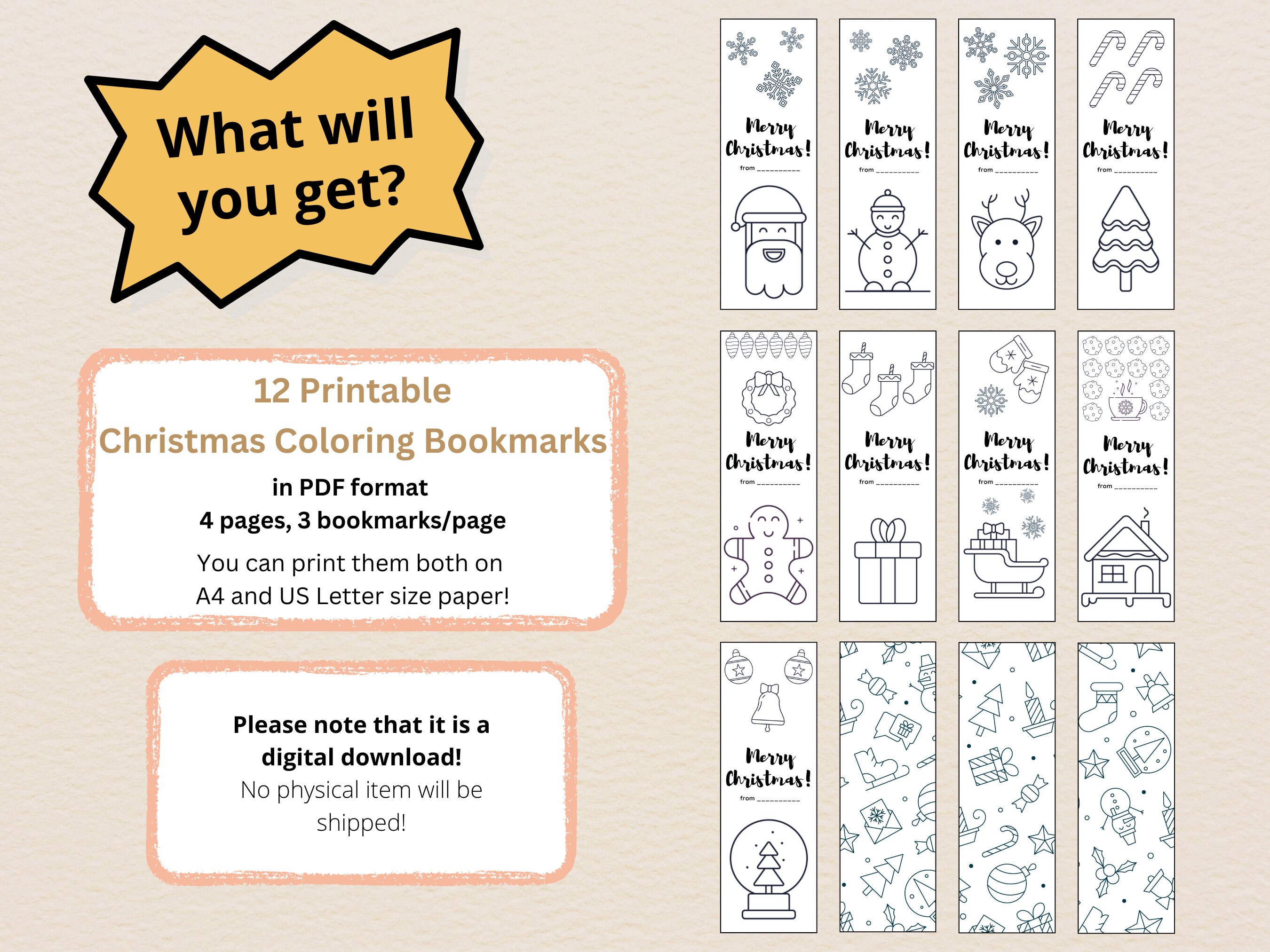 Christmas Coloring Bookmarks Printable Cute Digital Book Mark - Etsy