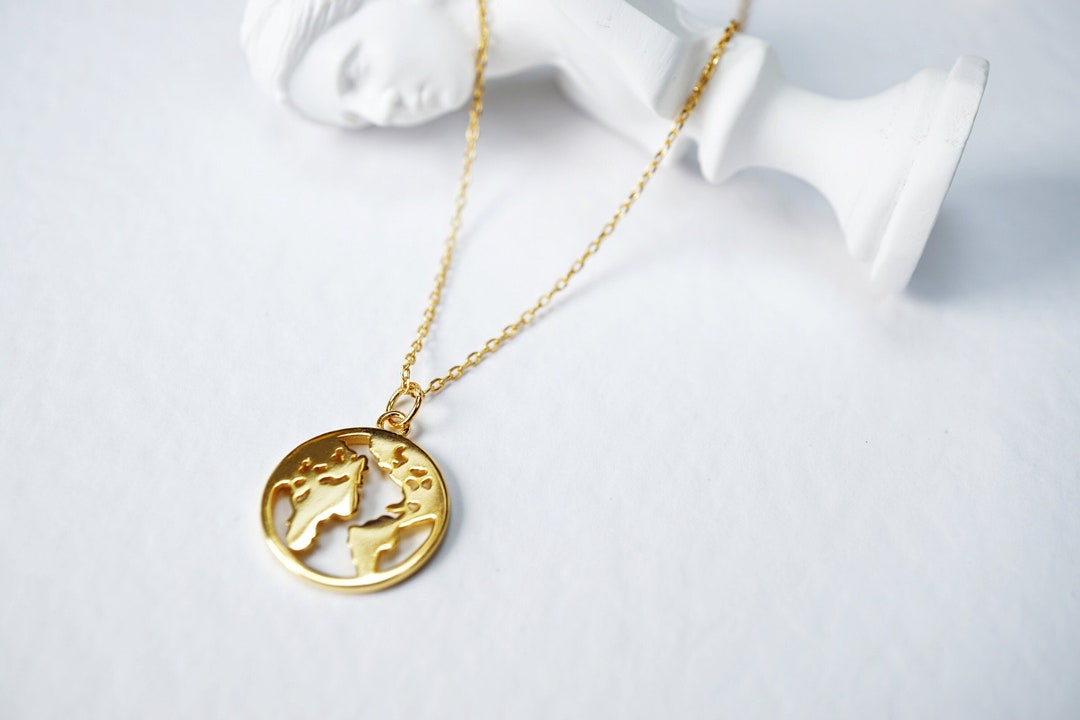 Gold Globe Pendant Necklace, World Map Necklace, Geography Earth ...
