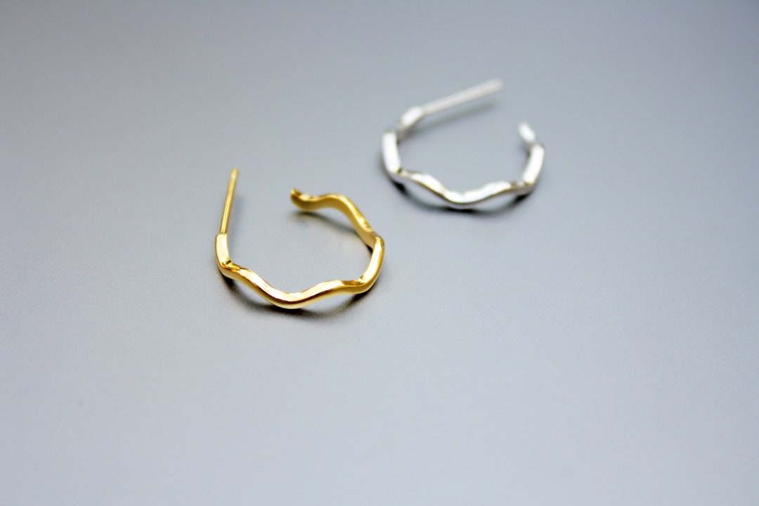 Dainty Gold Wave Hoop Earrings, Silver Twisted Huggie Hoops, Thin Wiggle Hoops, C Shape Open ...