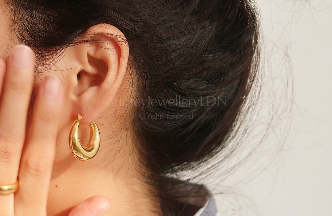 18K Gold Chunky Hoop Earrings, Bold Dome Huggie Hoop, Large Creole Hoop ...
