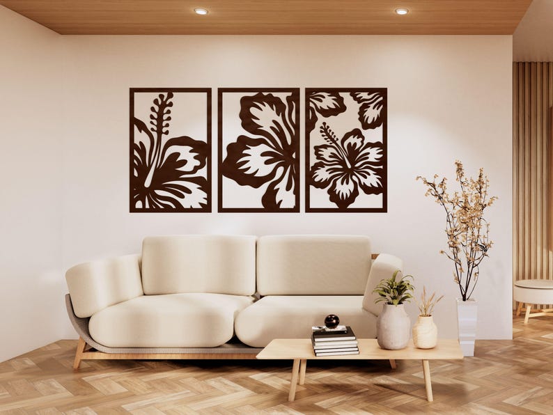 Hibiscus Flower Wood Wall Art Set: Tropical Floral Decor, Hibiscus Wall ...