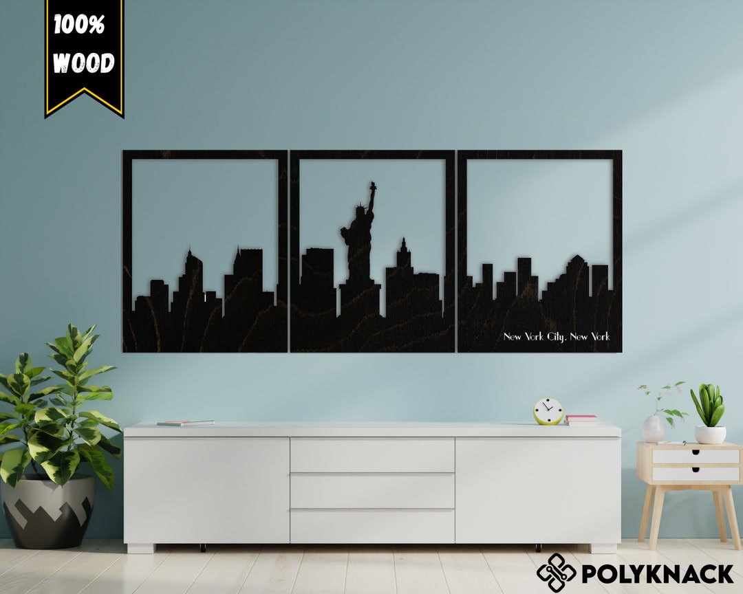 City Skyline Wall Art, Triptych Wall Decor, 3 Panel Wooden Cityscape, Minimalistic Wall Decor ...