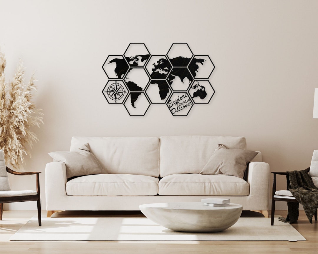 Hexagon World Map Wall Art | Wall Art Wood Hexagons | Honeycomb Map ...