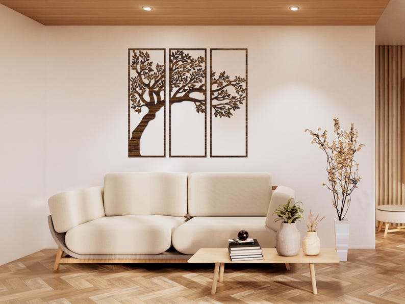 3 Piece Tree Wall Art Set – Rustic Wooden Wall Hanging for Home Decor ...