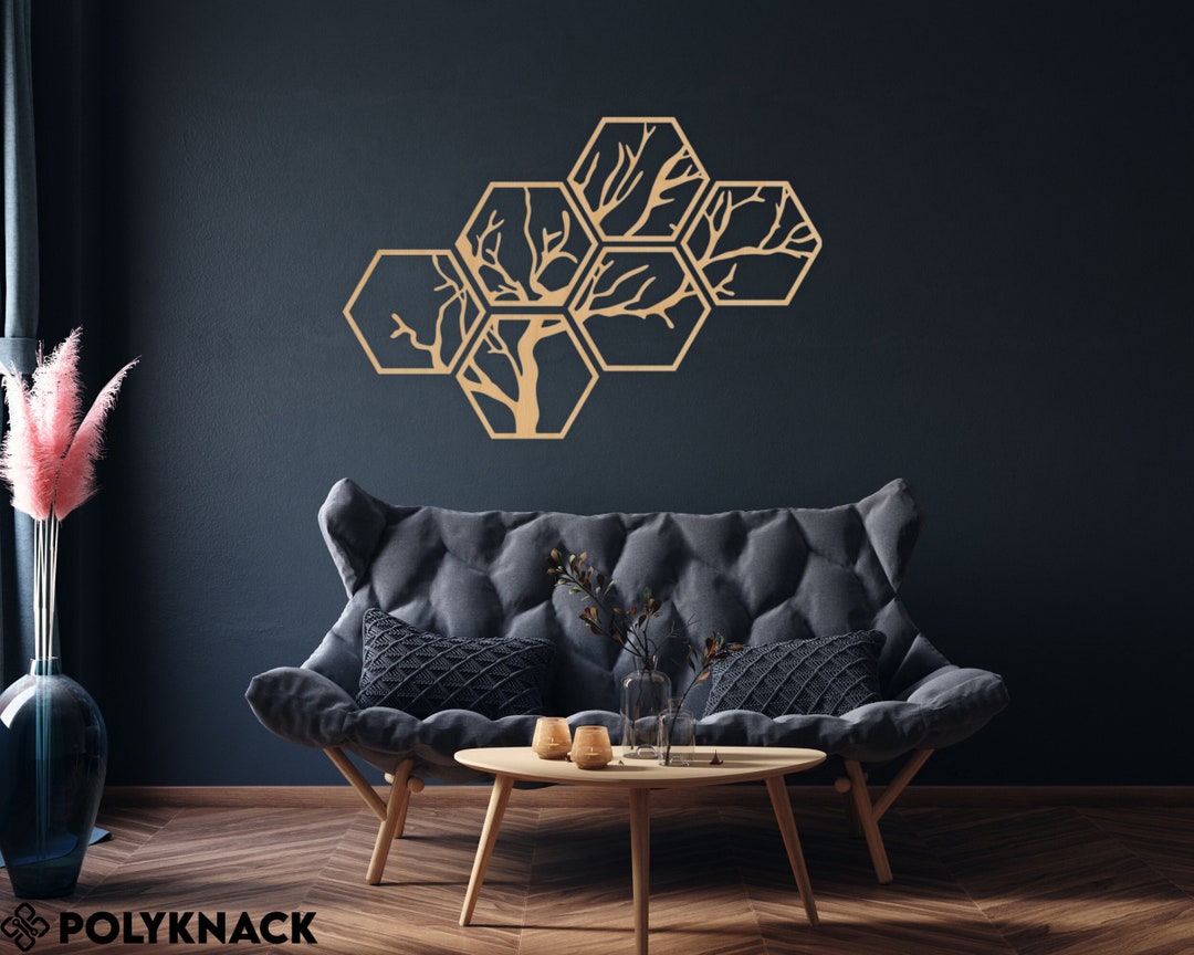 Hexagon Tree Wood Wall Panels, Set of 6 Branch Art, Geometric Wood Wall ...