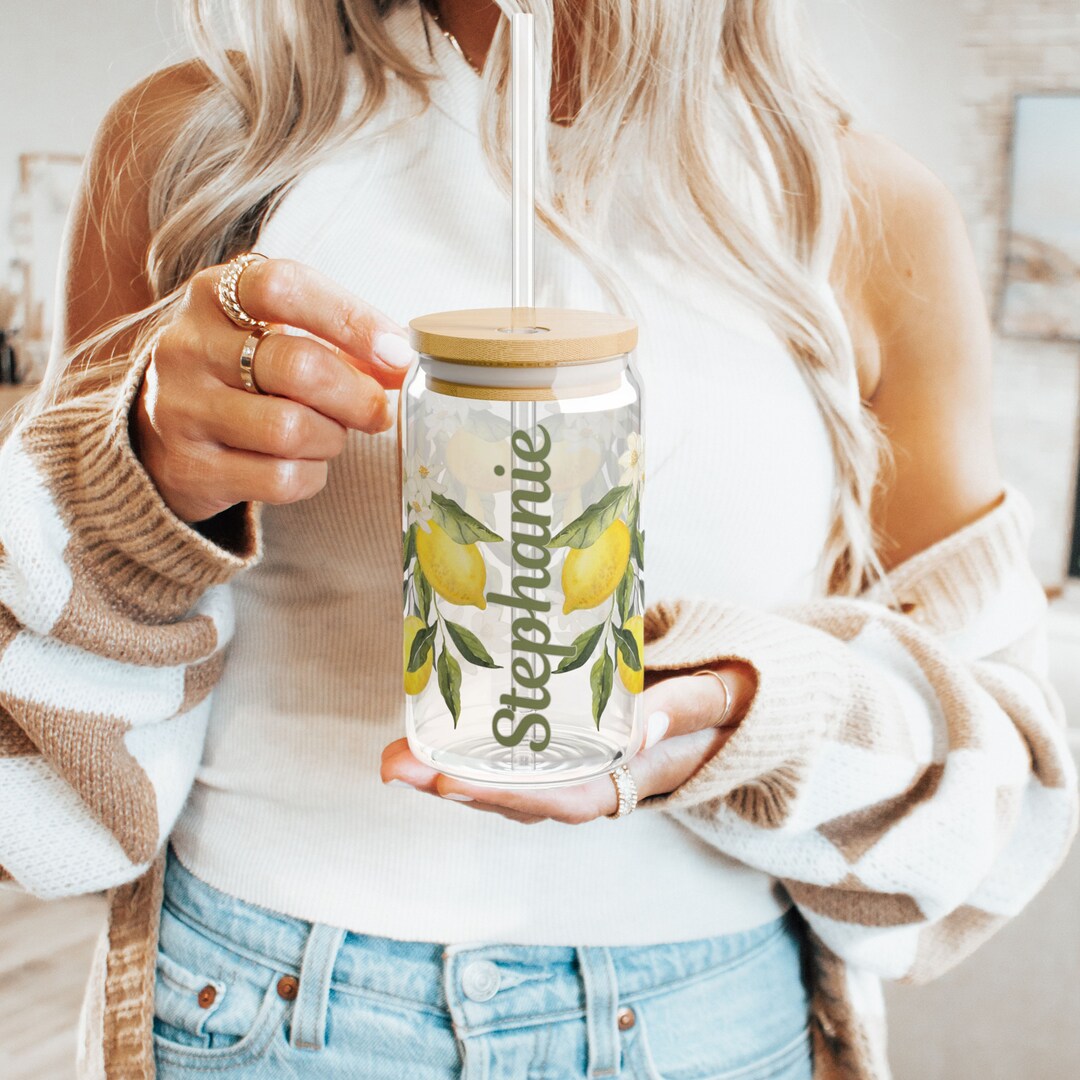 Customized Lemons Gift Sipper Glass With Wood Lid,iced Coffee Cup,party ...