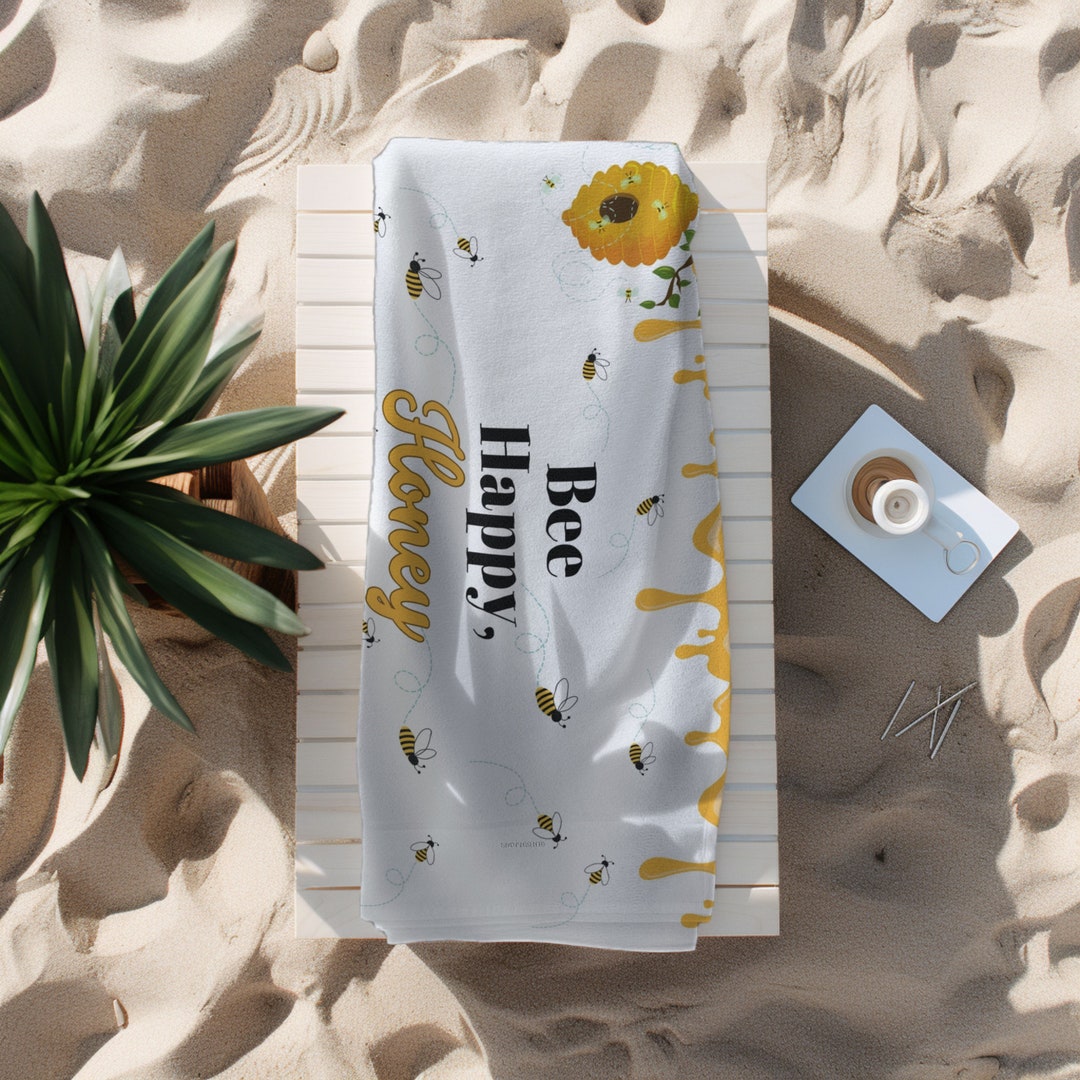 Bee Happy Beach Towel, Bee Lover Gift, Beach Lover Gift, Beachy Towel ...