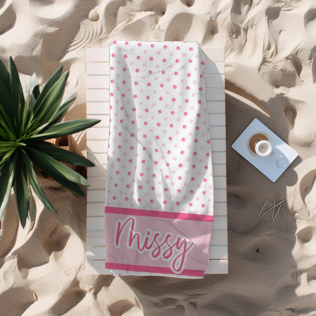 Personalized Name Pink Paw Print Beach Towel Beach Lover Gift Custom ...