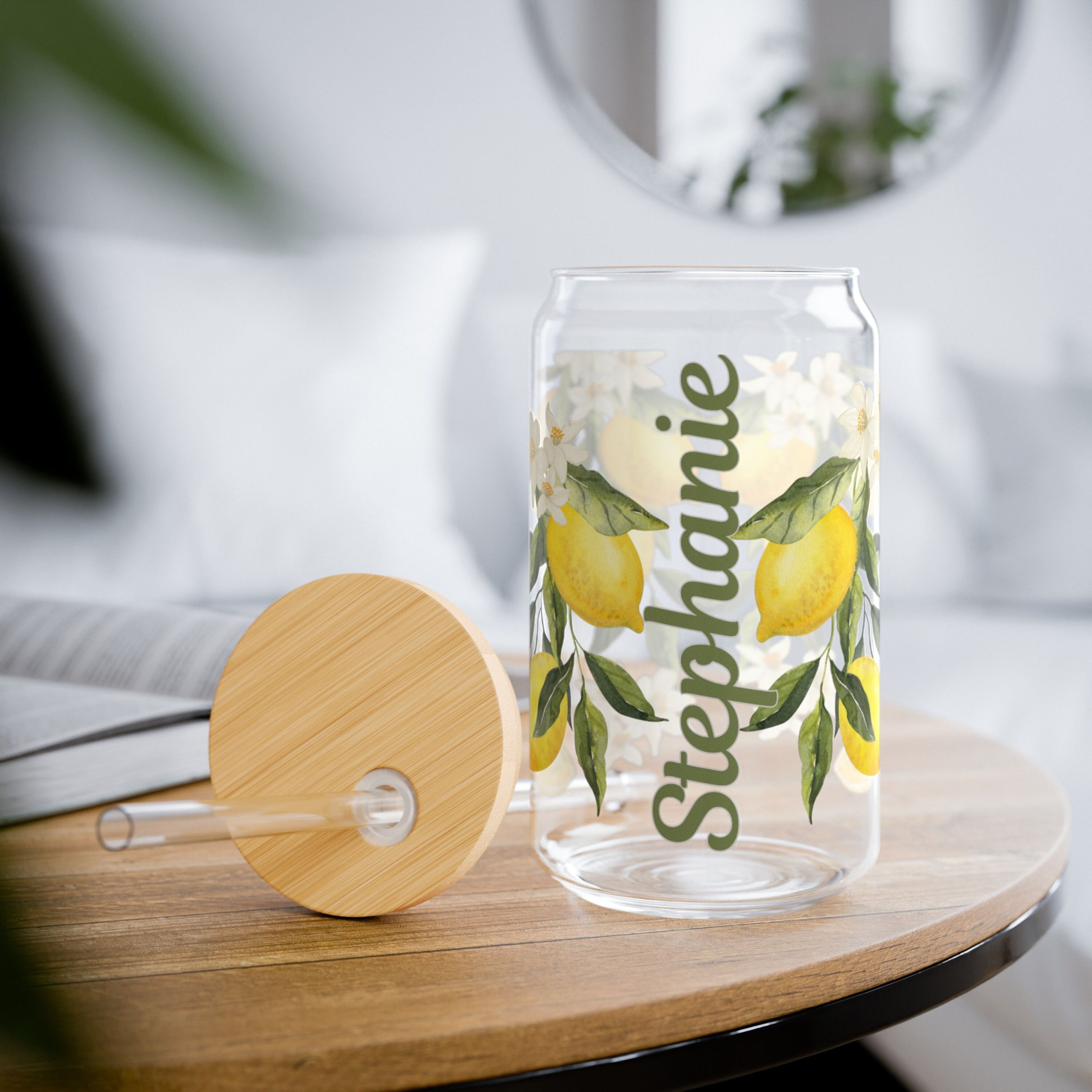 Customized Lemons Gift Sipper Glass With Wood Lid,iced Coffee Cup,party Gift,birthday Gift,gift ...