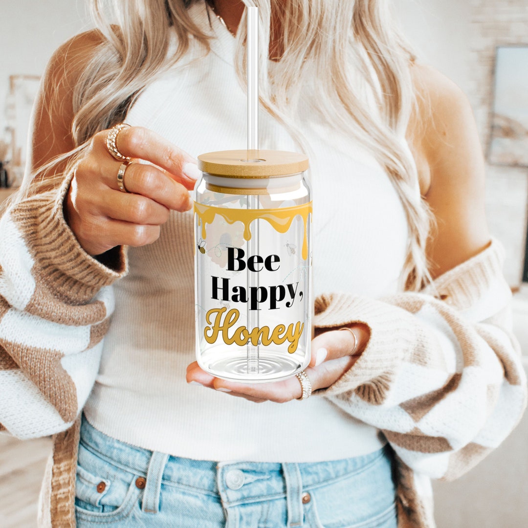 Honey Bee Sipper Glasses With Wood Lid, Cute Bumble Bee Can Glass, Iced ...