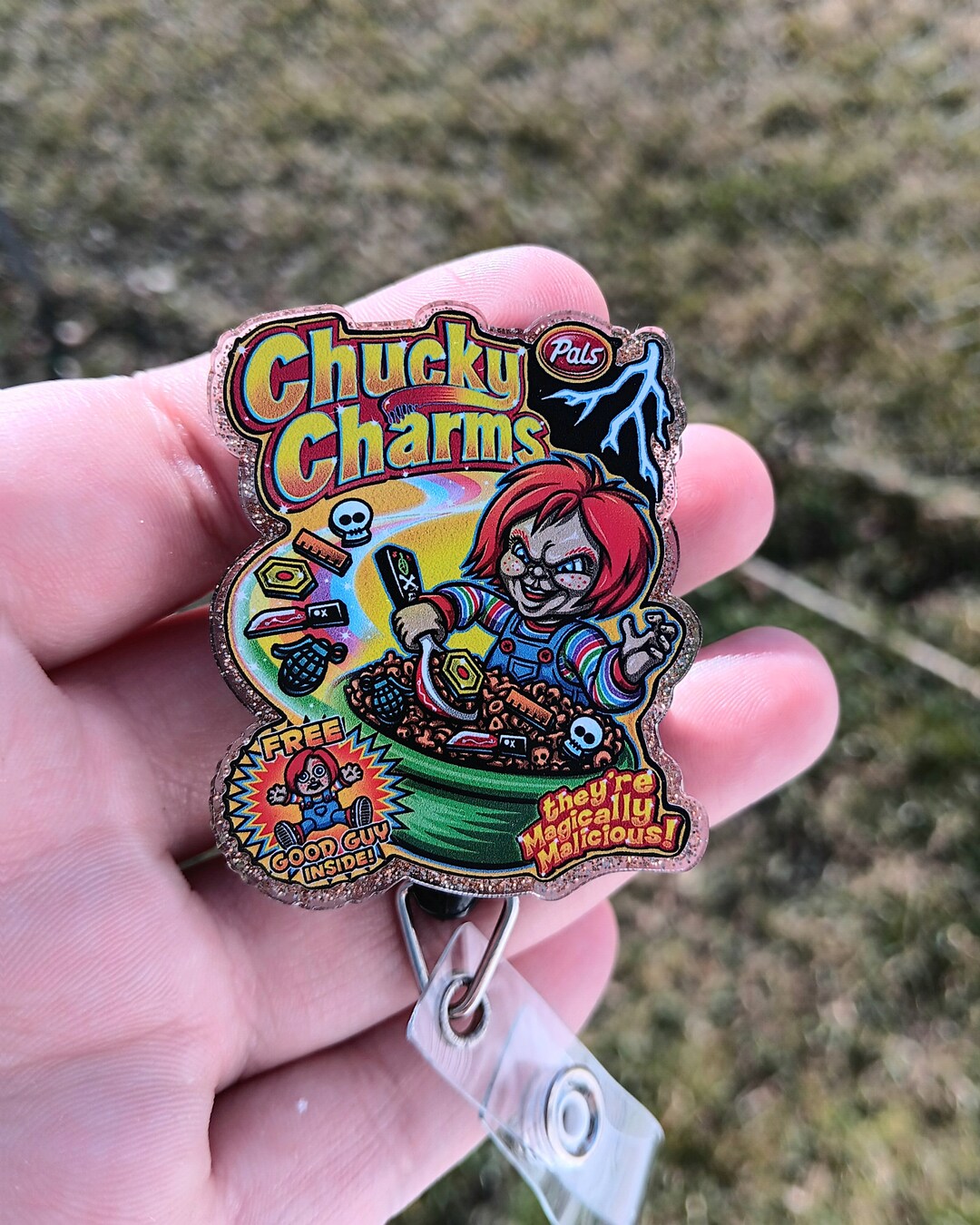 Horror-inspired Chuckie Badge | Interchangeable Halloween Resin Reel ...