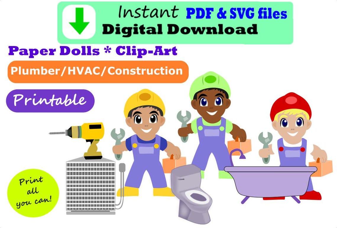 Printable Paper Doll Clip Art - Plumber, HVAC Technician, Construction ...
