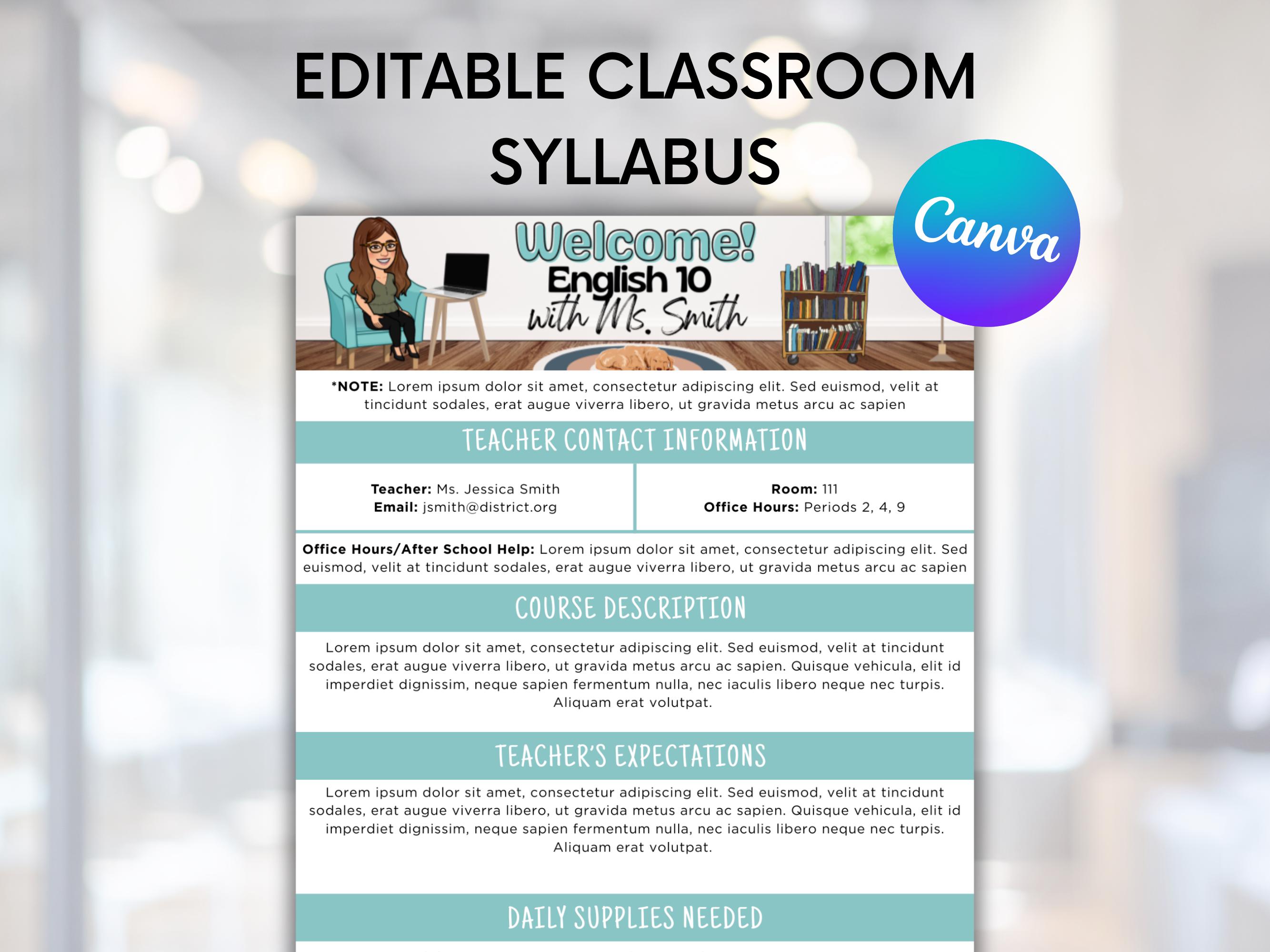 Editable Classroom Syllabus Canva Template | Teacher Stationery | Meet ...