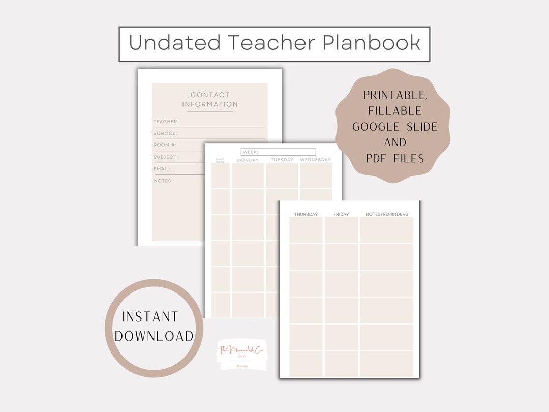 Printable Undated Weekly Teacher Planner | Simple Modern Minimalist ...