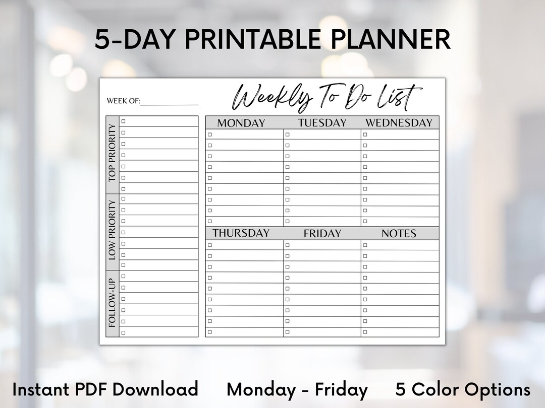 5 Day Weekday Printable Planner | Printable to Do List | Instant ...