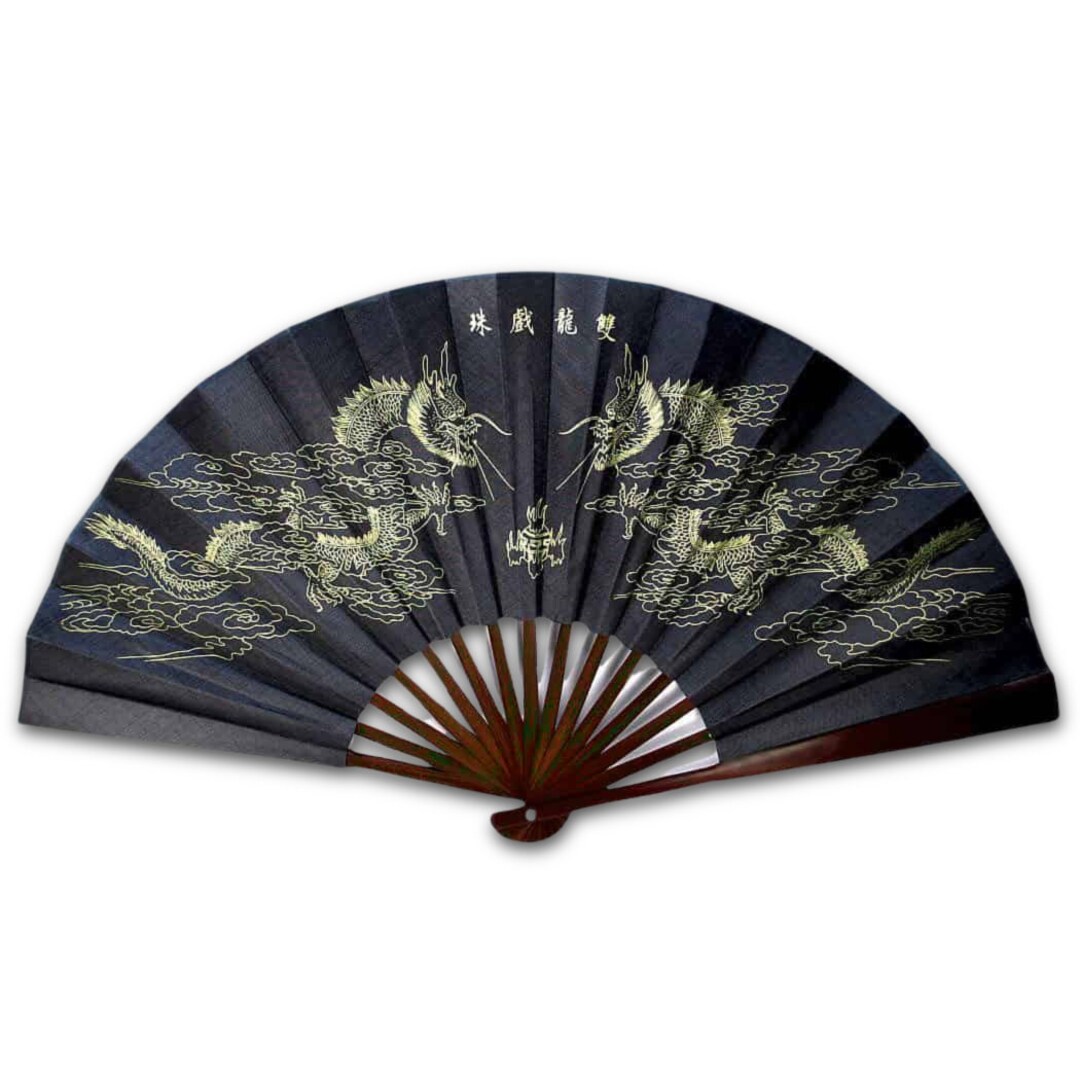 Double Dragon Folding Fan Large 13 Striking Black and Gold Folding Hand ...