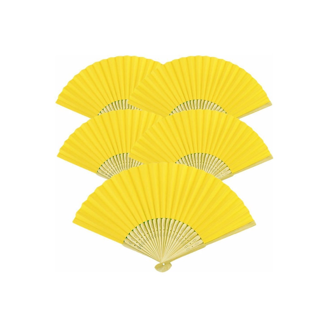 5 Lemon Yellow Paper Fans 5pcs Folding Hand Fan Wedding Gift Party ...