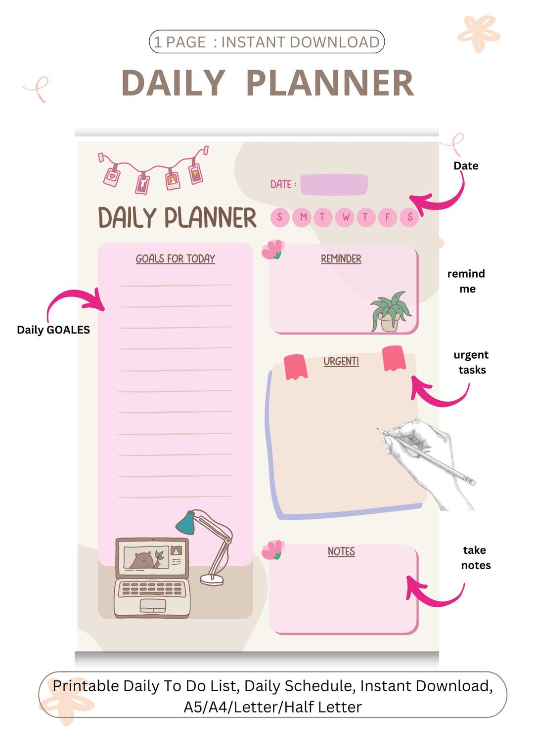 Daily Goal Planner, Daily to Do List Printable, Daily Planner Inserts ...