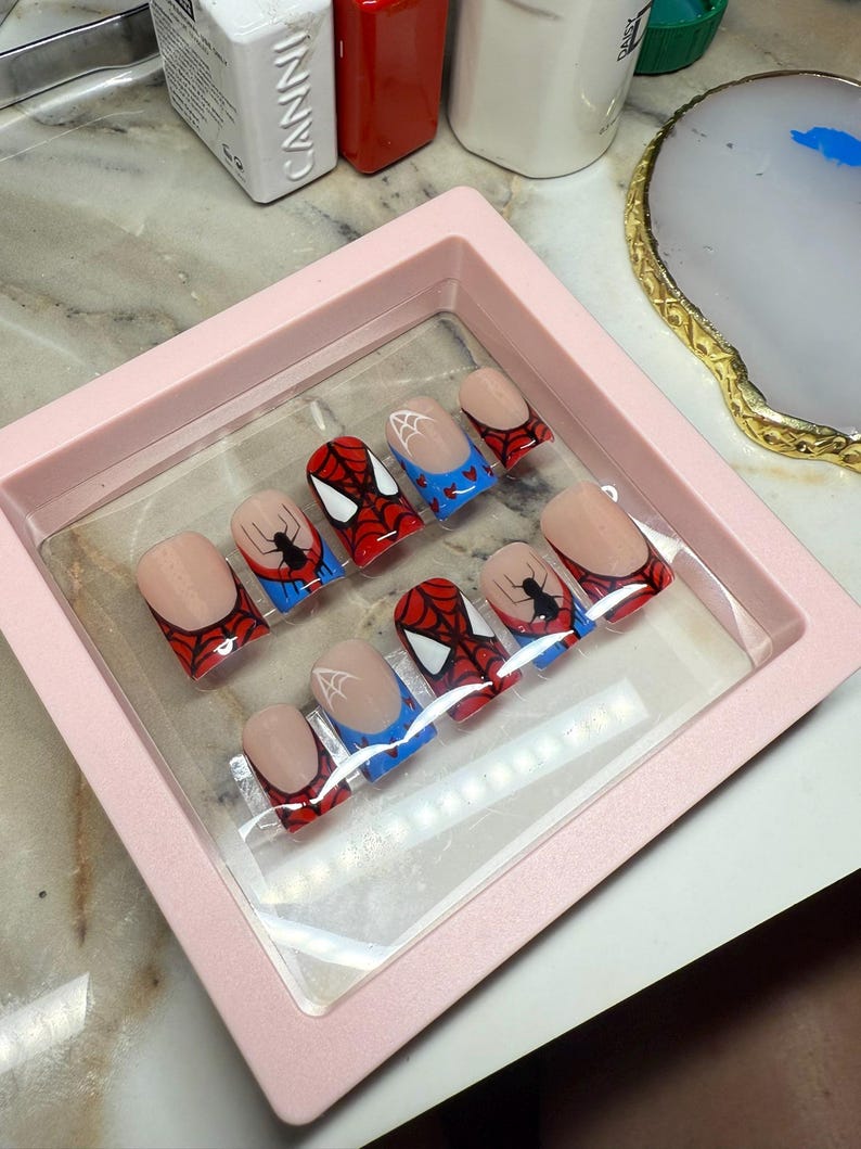 Spiderman Themed Handmade Press on Nails, Square Shape - Etsy
