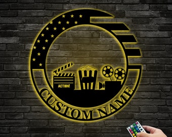 Personalized LED Family Name Cinema Metal Sign Light up Home Theater ...