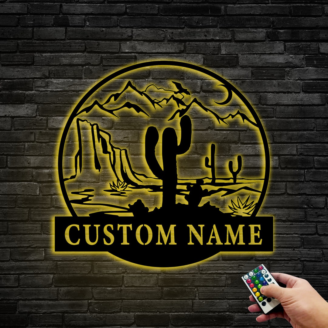 Custom Cactus Desert Mountain Metal Wall Art LED Light Sign ...