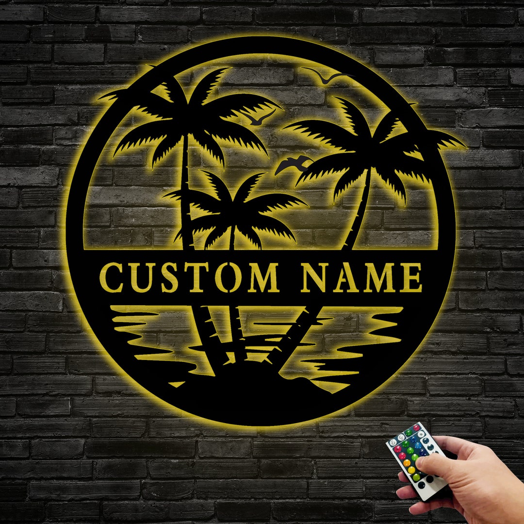 Custom Lighted Metal Palm Tree Beach Sign, Beach House Decor, Surf Home ...