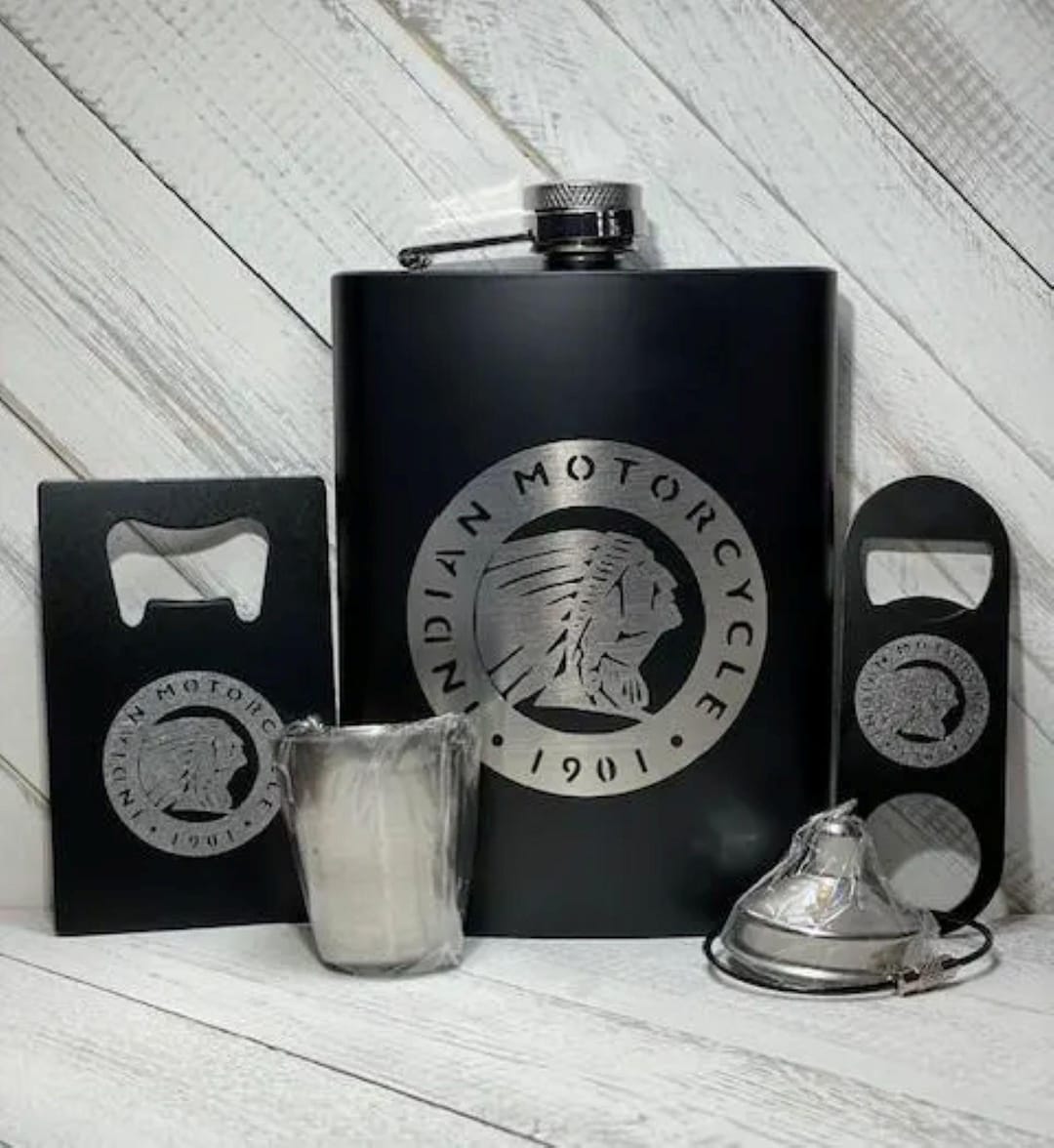 Personalized Indian Motorcycle Flask Set: Black Powder Coated Stainless ...