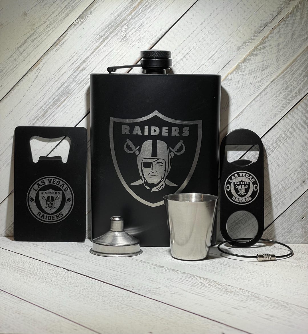 Las Vegas Raiders Flask Set: Engraved Stainless Steel With Keychain ...