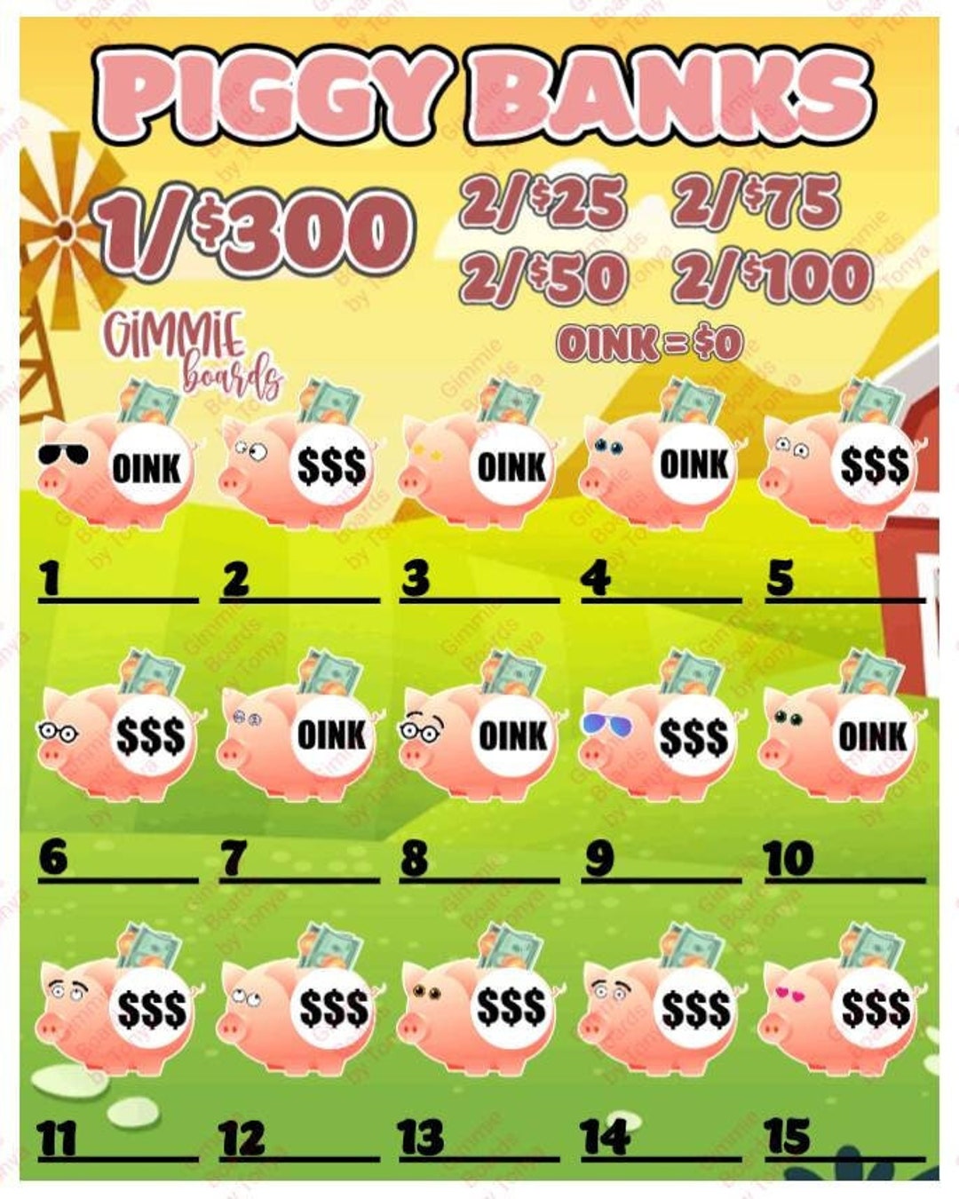Piggy Banks Elimination Bingo Board - Etsy