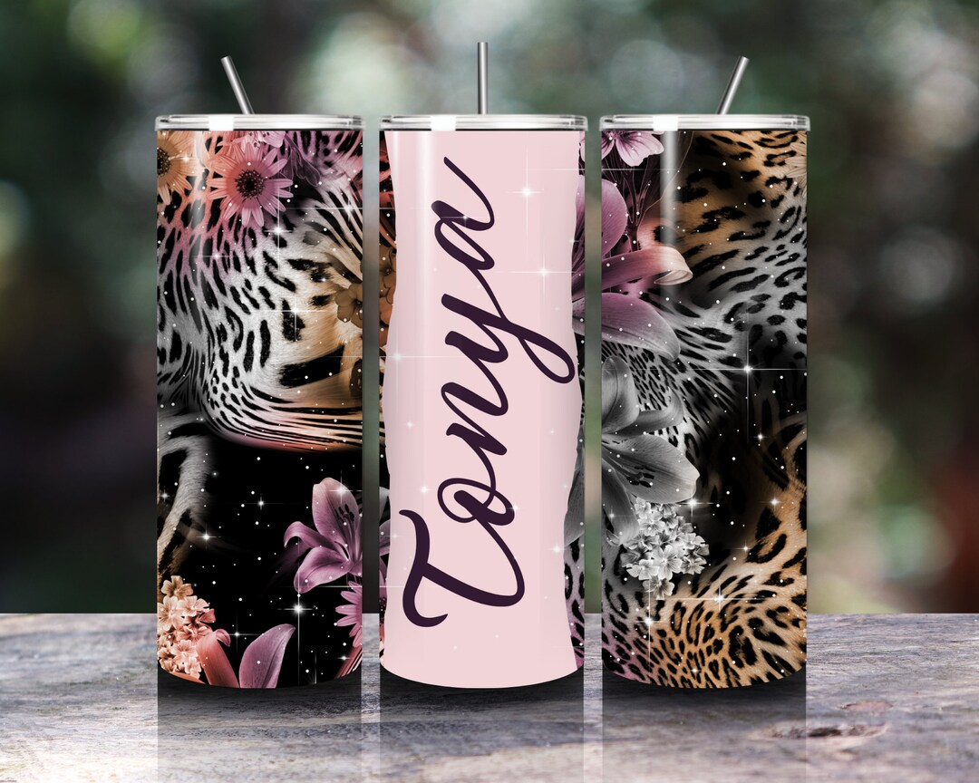 Custom Floral Cheetah Fabric 20oz Skinny Tumbler, Add Your Name to ...