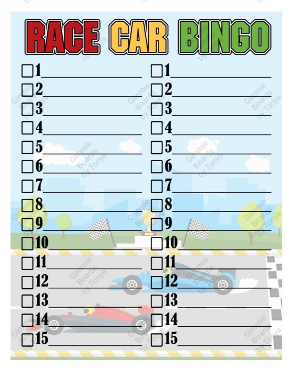 Race Car Riches Bingo Board - Etsy