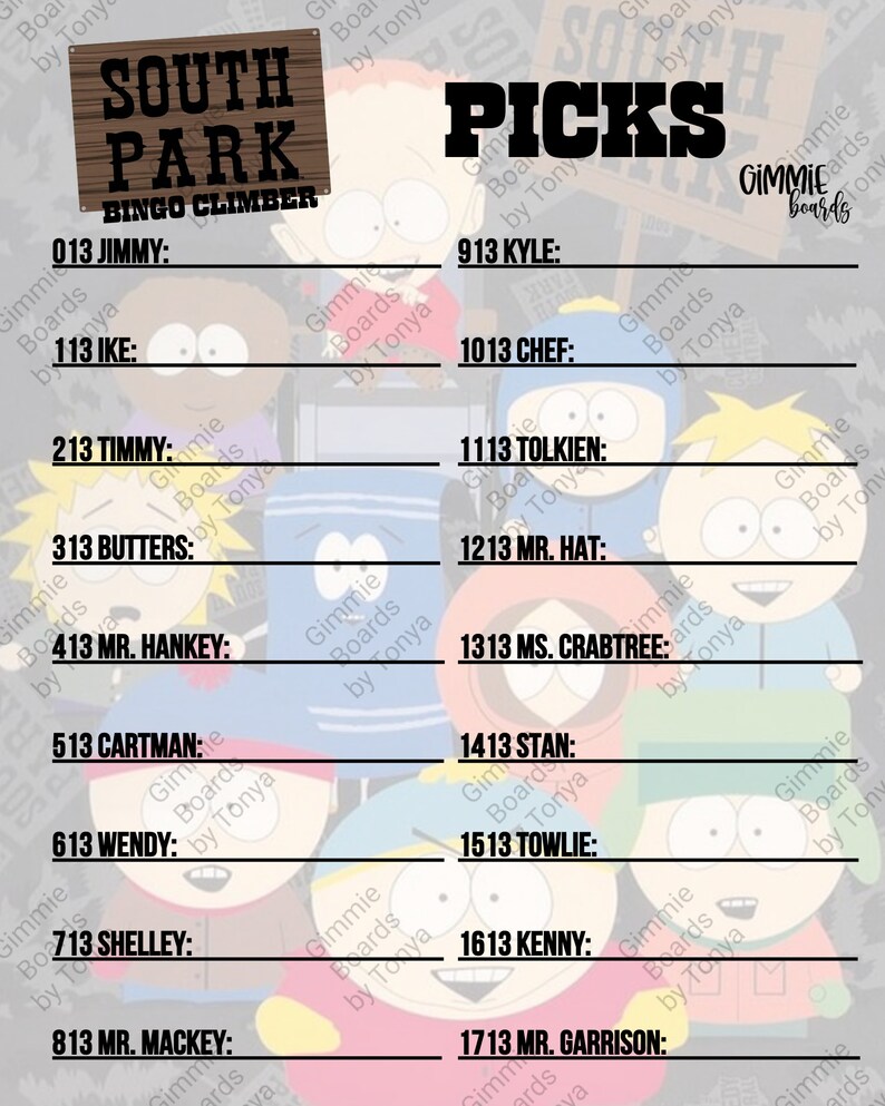 Southpark Climber Bingo Board - Etsy