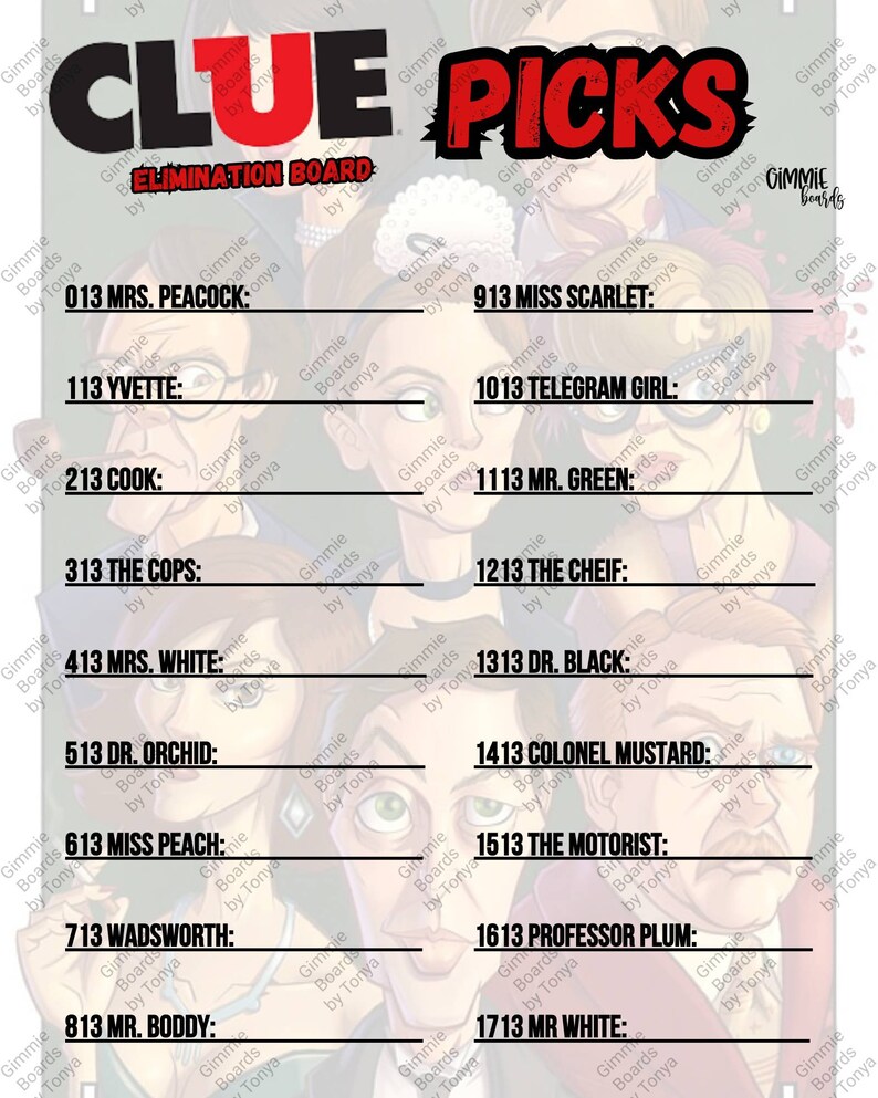 Clue Elimination Bingo Board - Etsy
