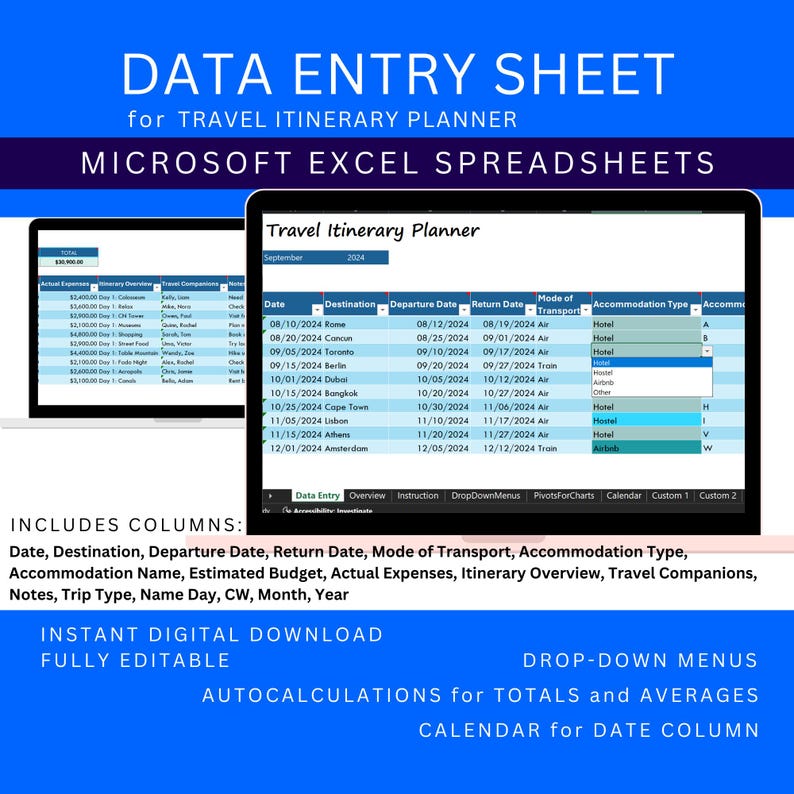 Excel Template Travel Itinerary Planner, Trip Schedule Organizer ...