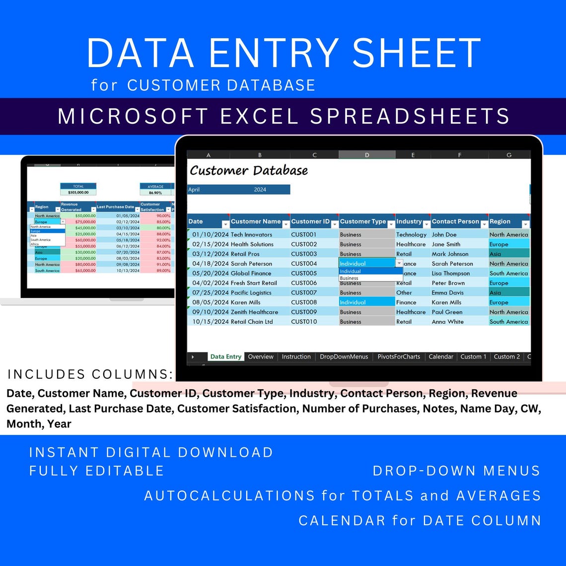 Customer Database Excel Template CRM Spreadsheet Client Management Contact Tracking Customer ...