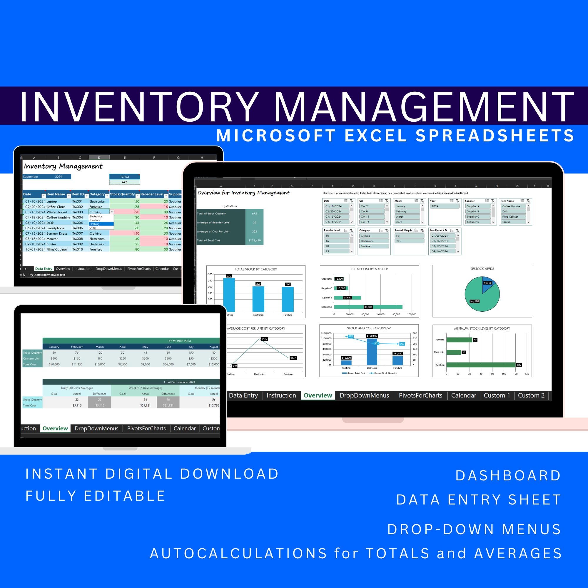 Excel Template Inventory Management, Stock Tracker Dashboard, Warehouse ...