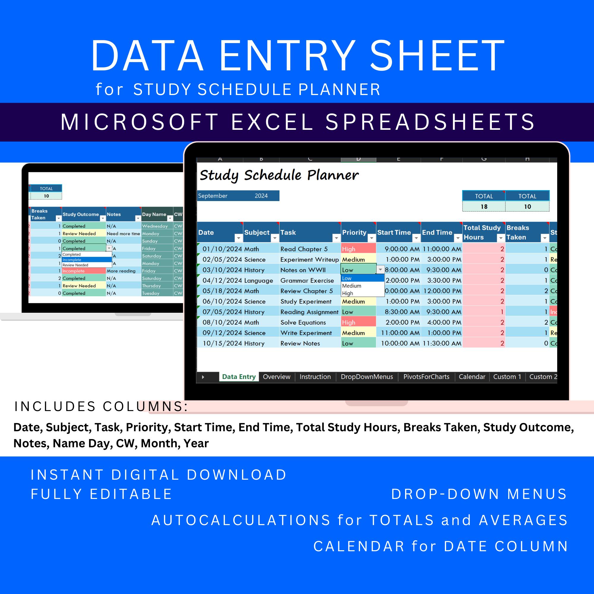 Excel Study Schedule Template: Student Planner & Tracker (digital ...